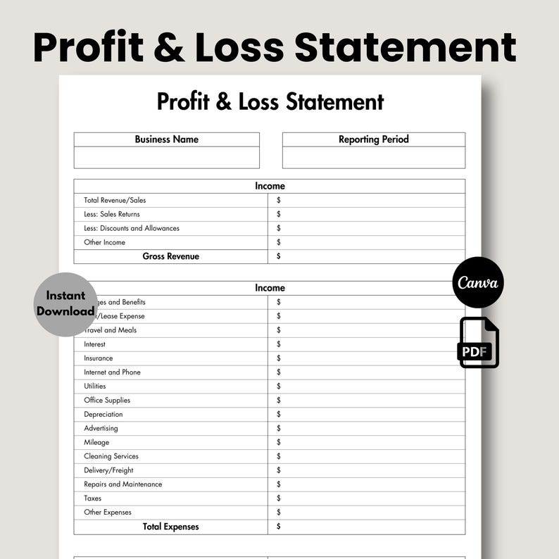 Profit and Loss Statement, Printable, Editable Small Business Income ...
