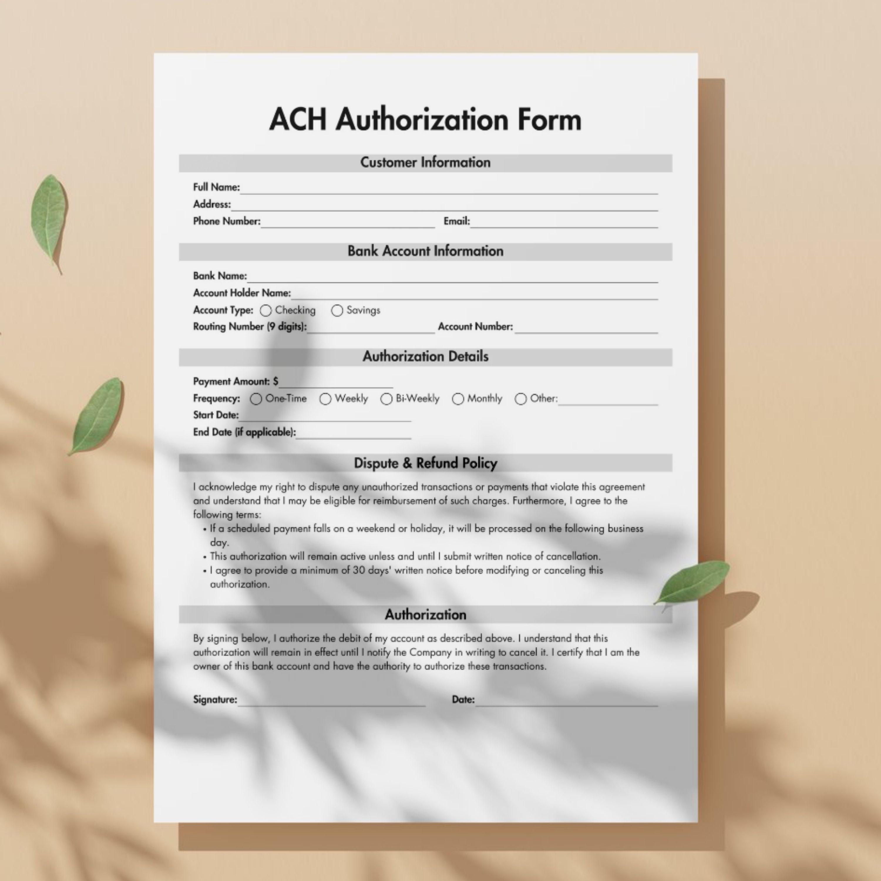 ACH Authorization Form Template, Editable Debit Authorization Form, ACH ...
