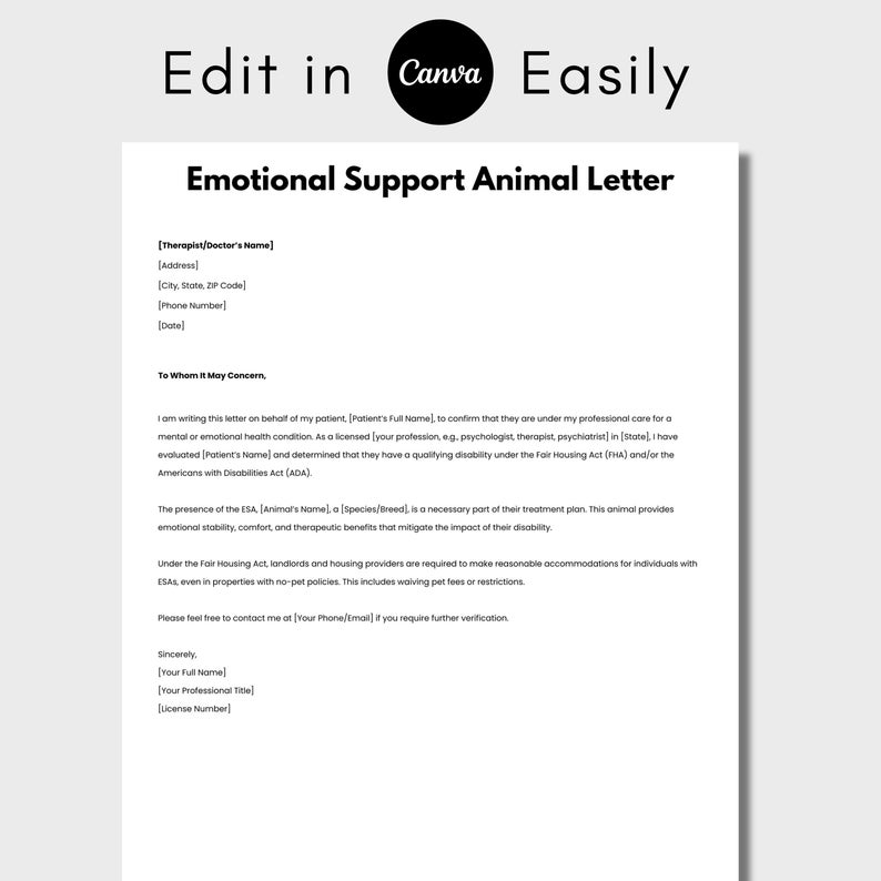 Editable Emotional Support Animal Letter, Printable ESA Letter Template ...