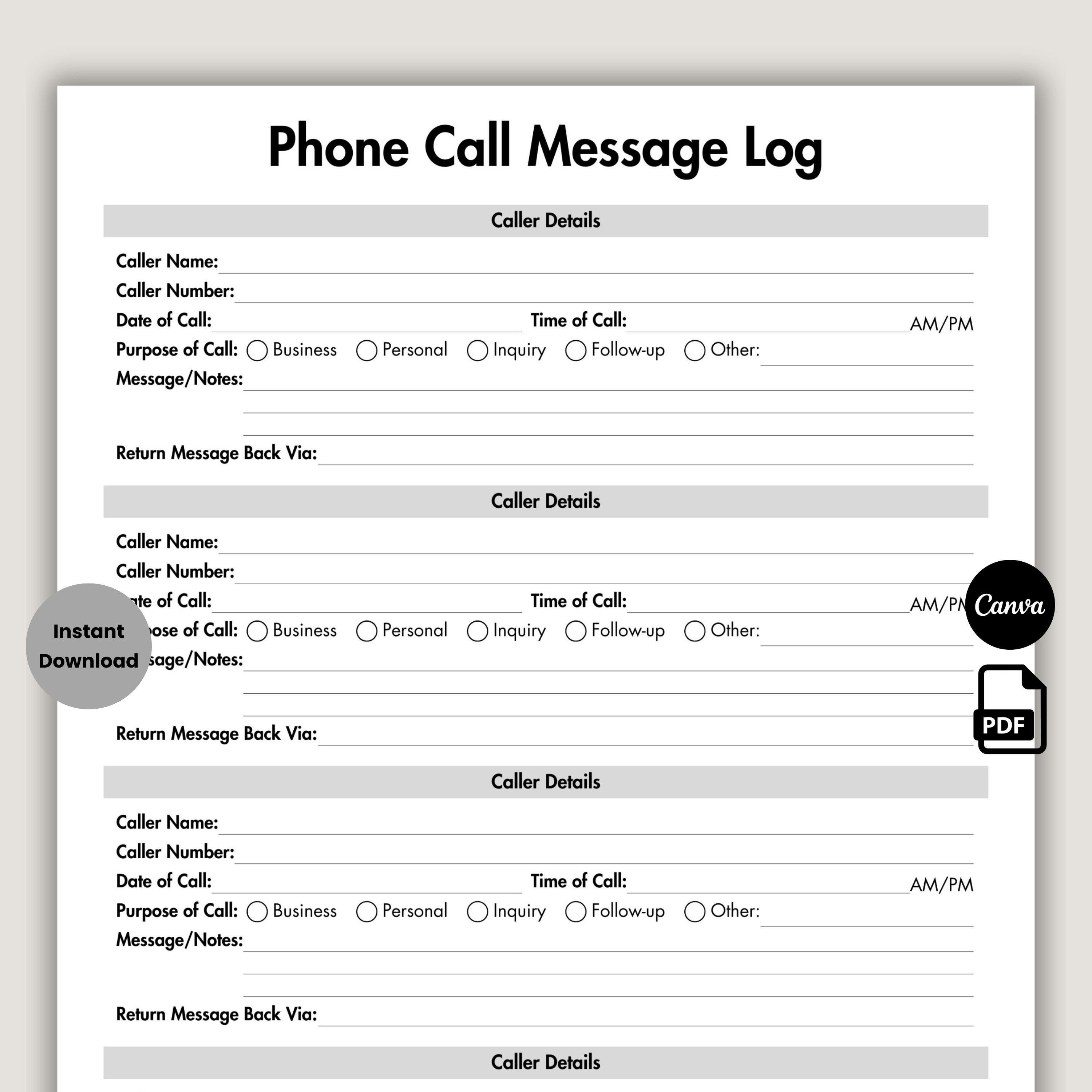 Phone Call Message Log Template, Editable Communication Log Form, Voicemail Tracker, Printable ...