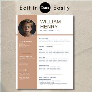 Child Actor and Actress Resume Template With Photo for Canva, Child ...