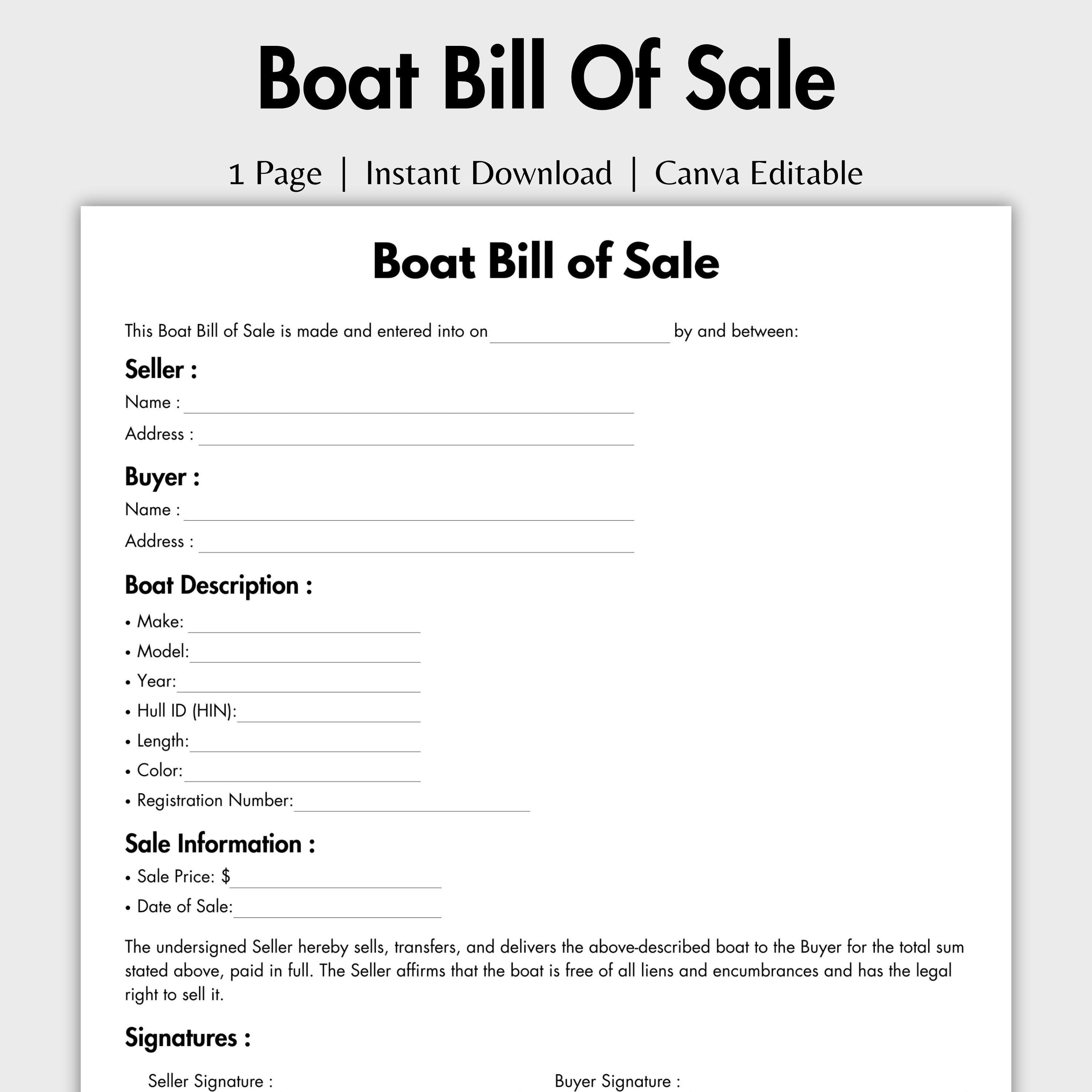 One Page Boat Bill of Sale, Editable Transfer Ownership Sale Form ...