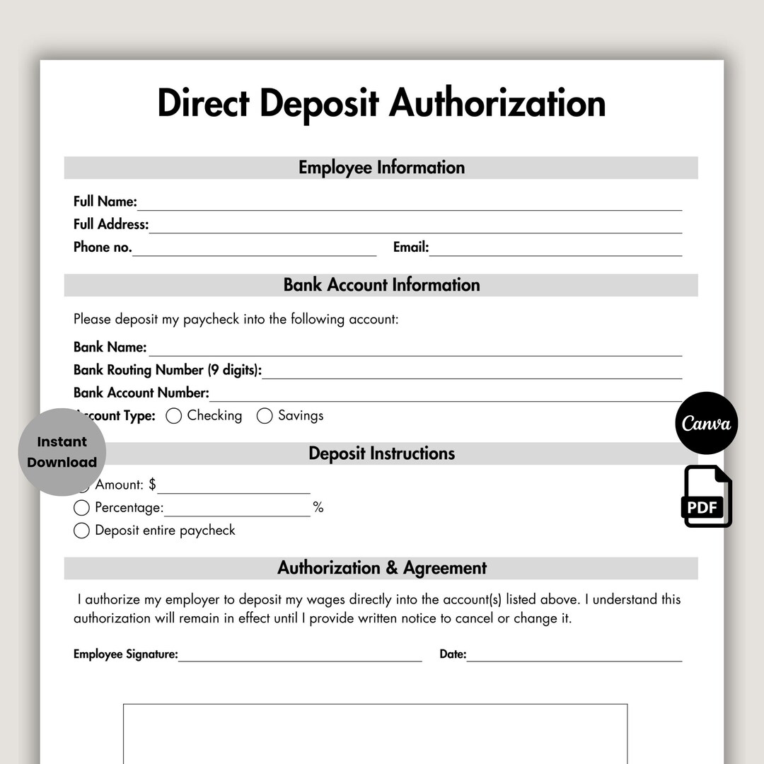 Direct Deposit Authorization Template, Editable Employee Direct Deposit ...