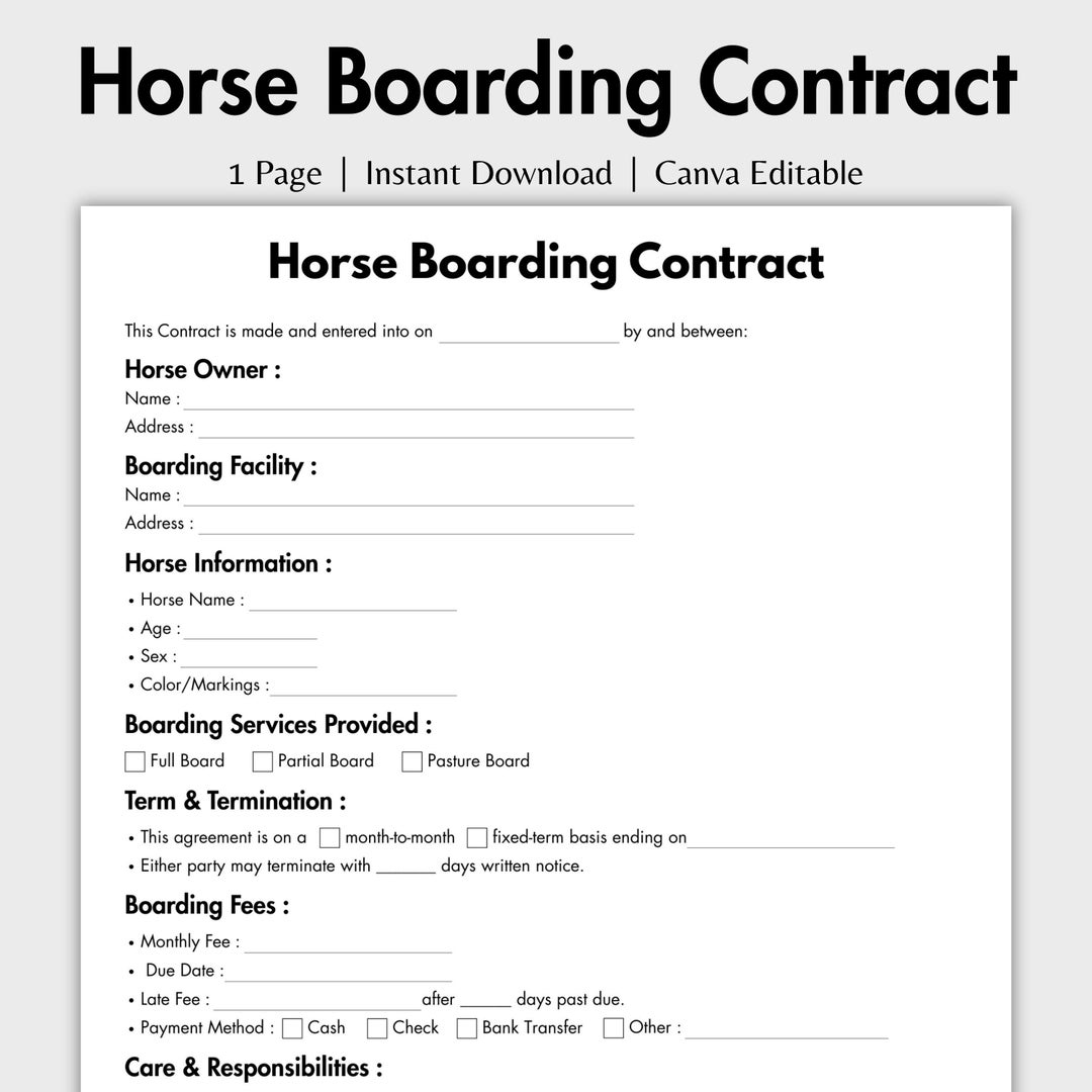 One Page Horse Boarding Contract, Editable Equine Boarding Agreement ...