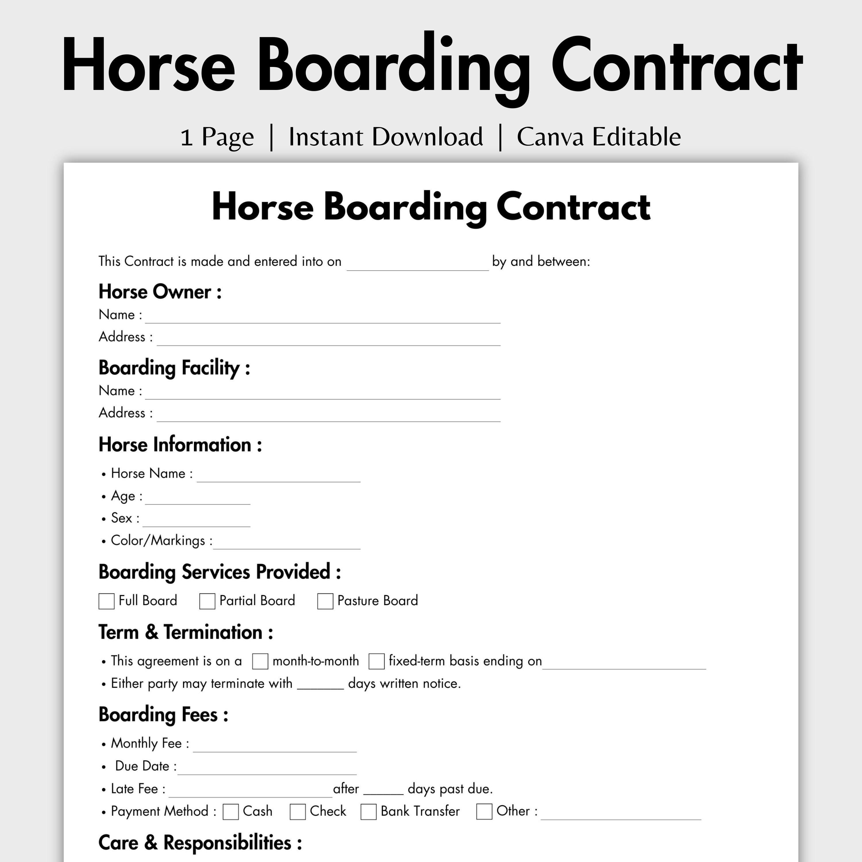 One Page Horse Boarding Contract, Editable Equine Boarding Agreement ...