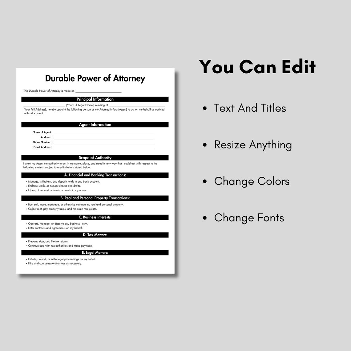 Durable Power of Attorney Template, Printable & Editable Durable Power ...