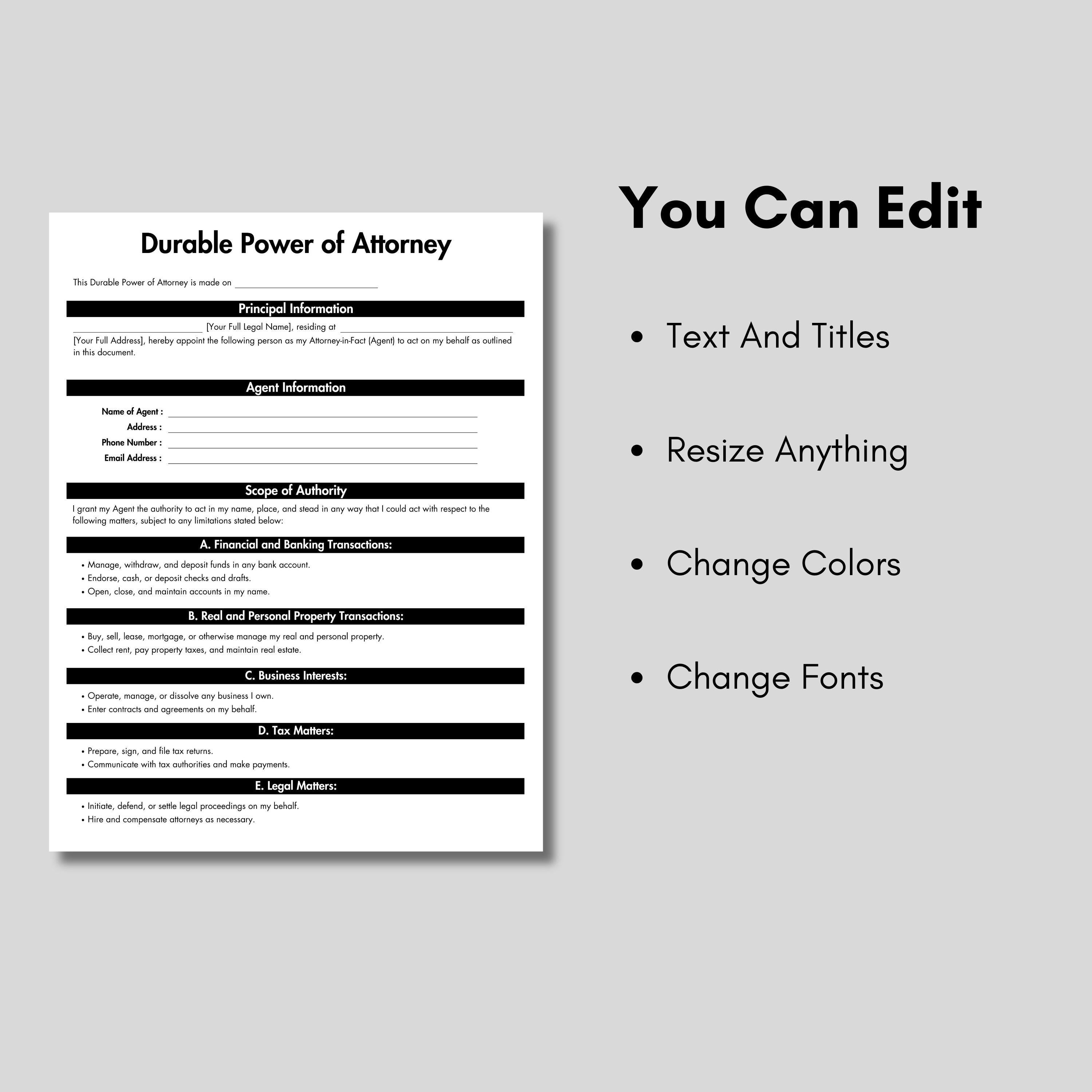 Durable Power of Attorney Template, Printable & Editable Durable Power ...