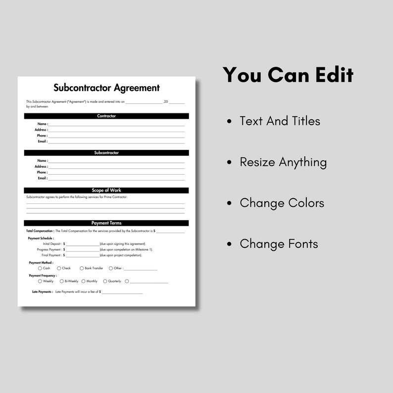 Editable Subcontractor Agreement Template, Printable Job Subcontractor ...