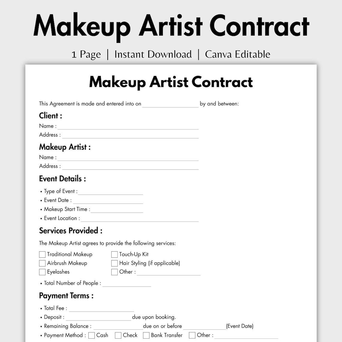One Page Makeup Artist Contract, Editable Makeup Agreement Form ...