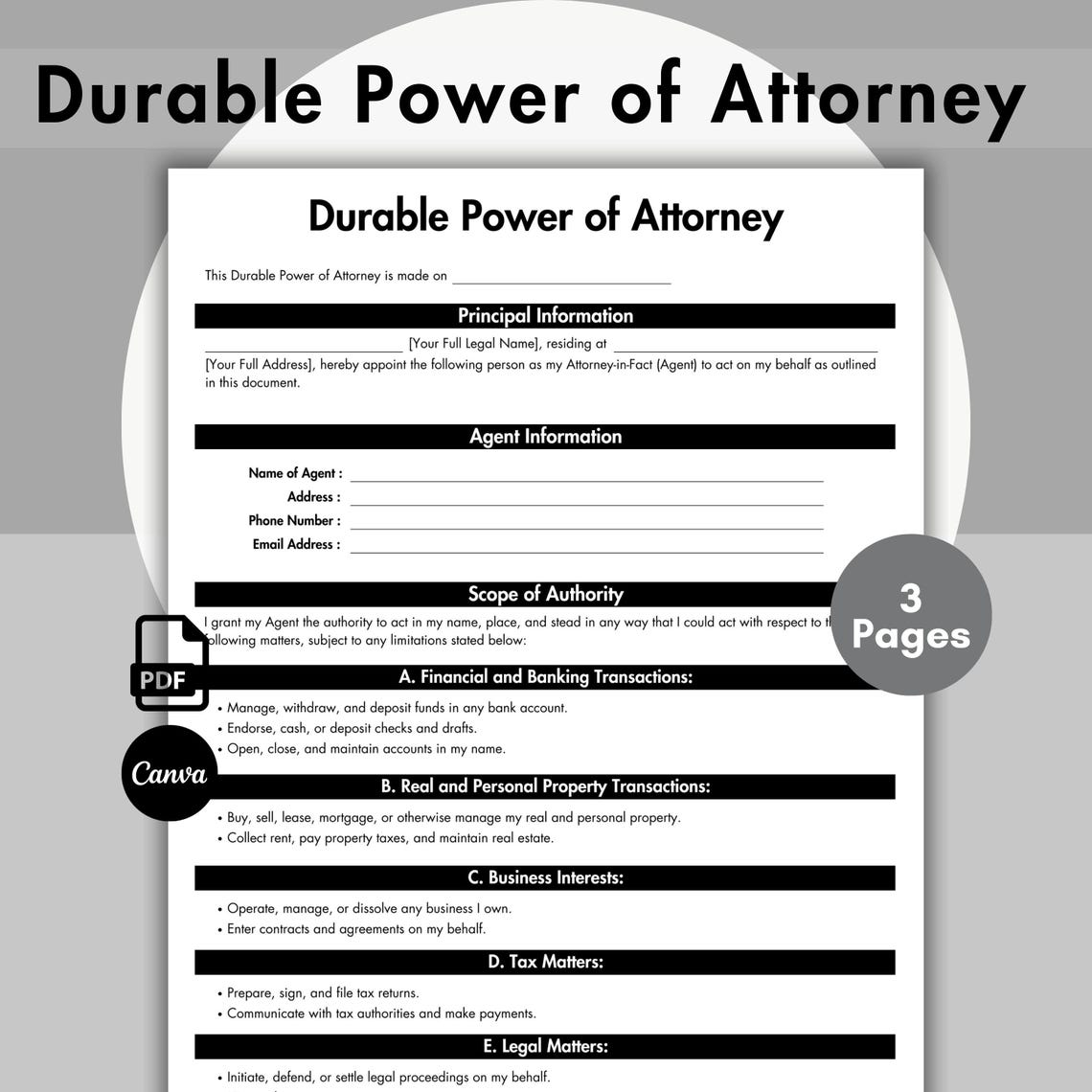 Durable Power of Attorney Template, Printable & Editable Durable Power ...