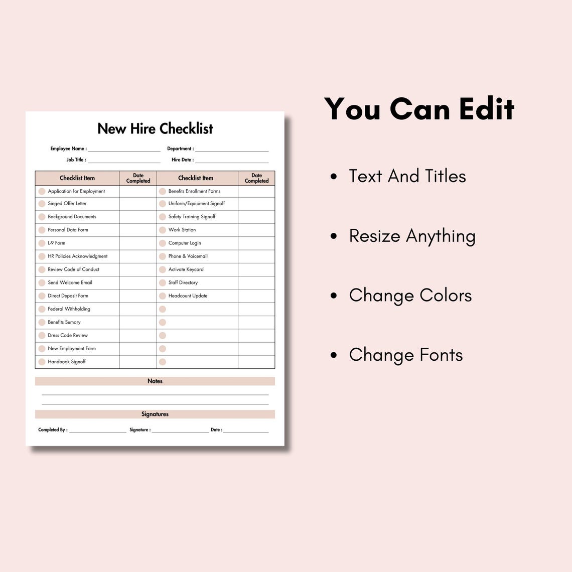 New Hire Checklist Template, Onboarding New Hire List, Printable New ...