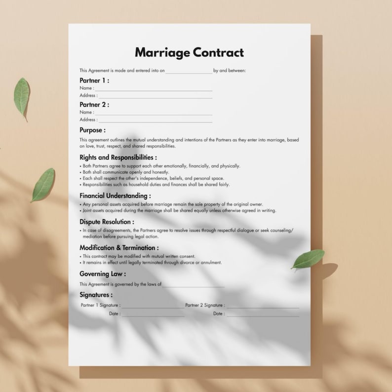 One Page Marriage Contract, Editable Couple Marriage Agreement Form ...