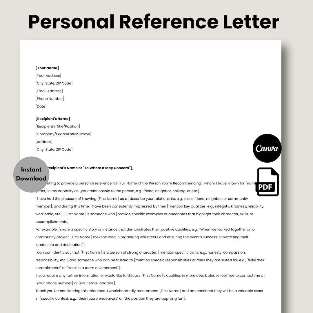 Editable Personal Reference Letter Template, Printable Letter of ...