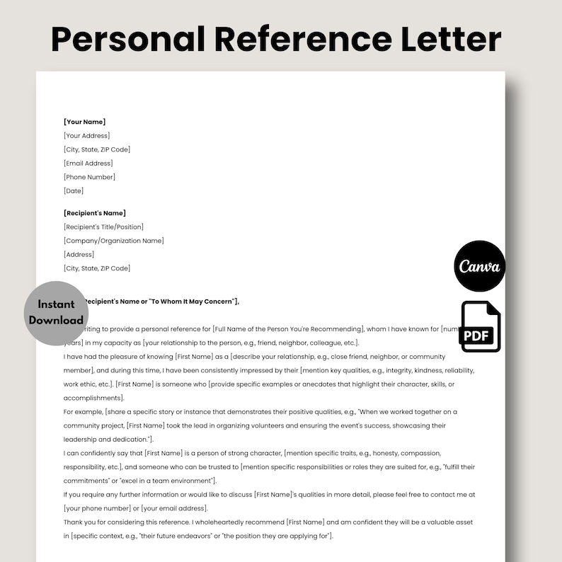 Editable Personal Reference Letter Template, Printable Letter of ...