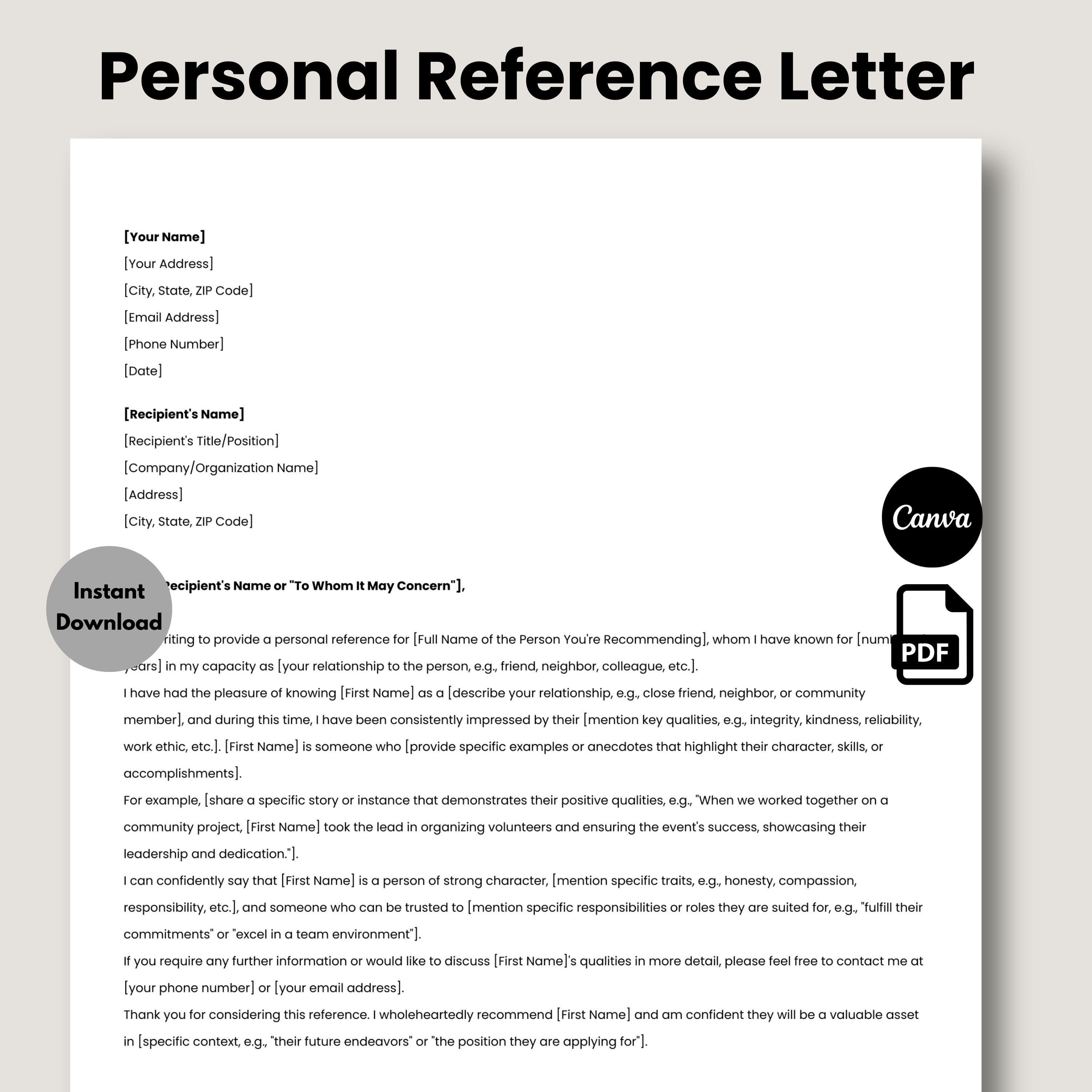 Editable Personal Reference Letter Template, Printable Letter of ...