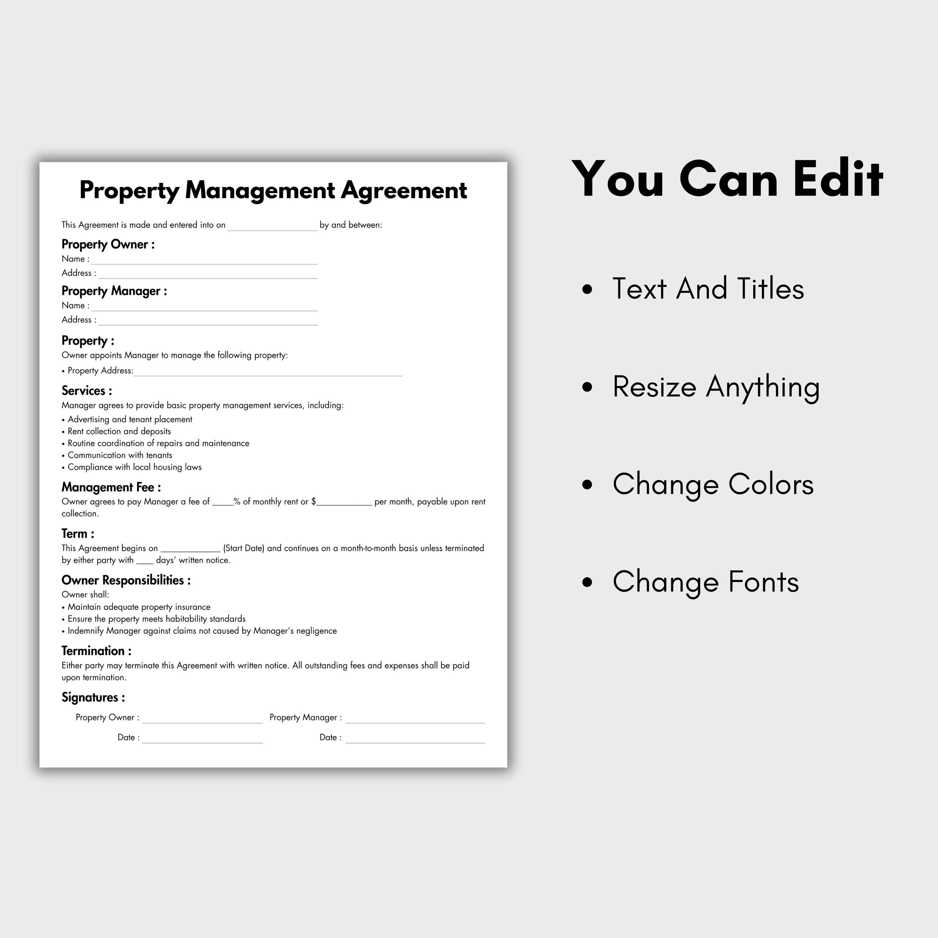 One Page Property Management Agreement, Editable Real Estate Contract ...