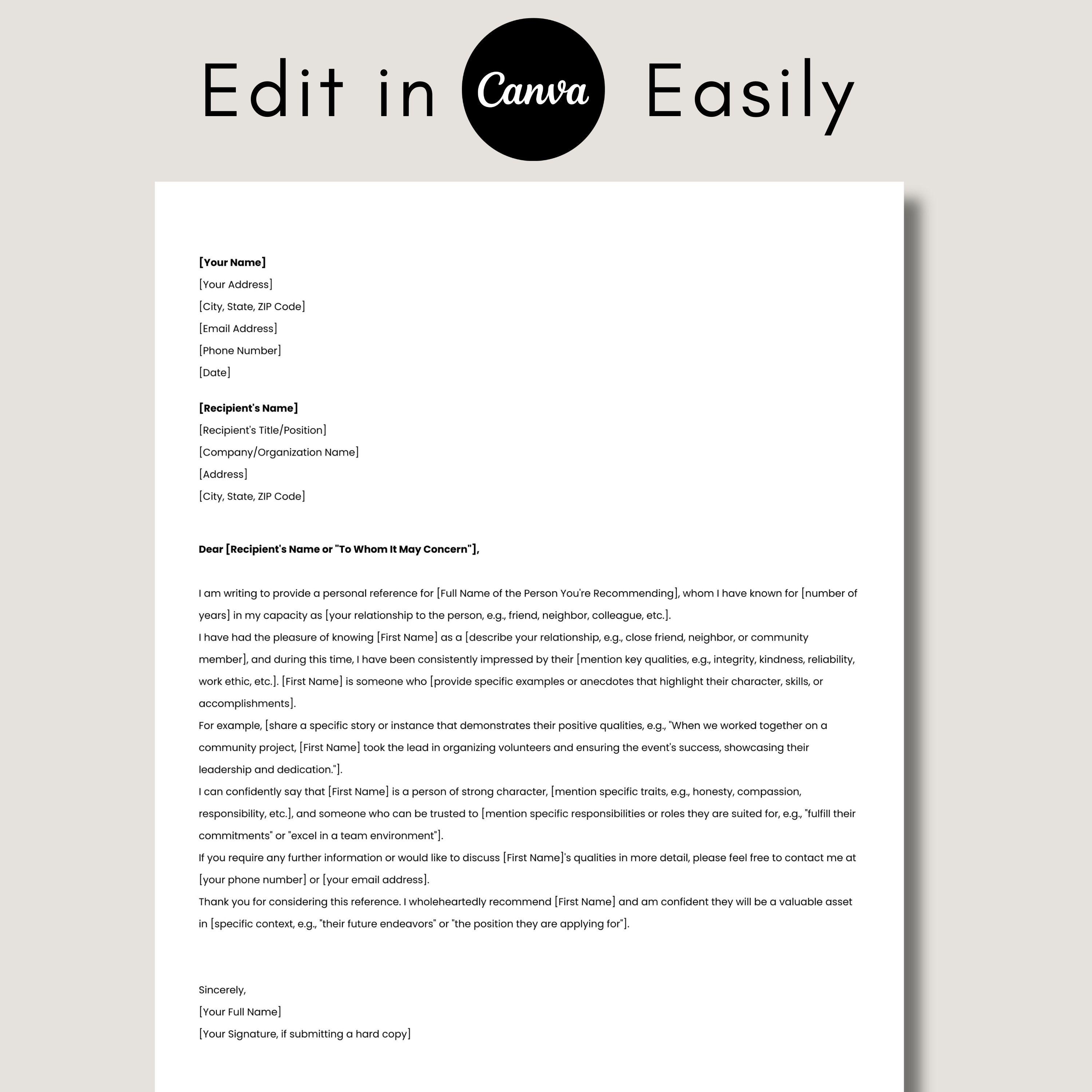 Editable Personal Reference Letter Template, Printable Letter of ...