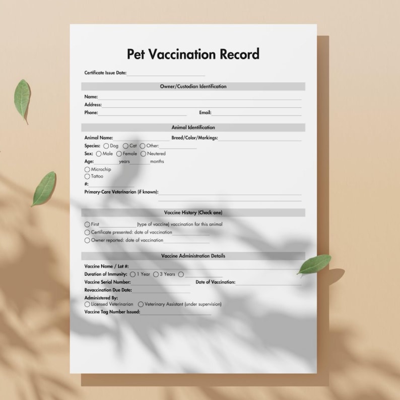 Pet Vaccination Record Template, Editable Puppy Vaccination Record Form ...