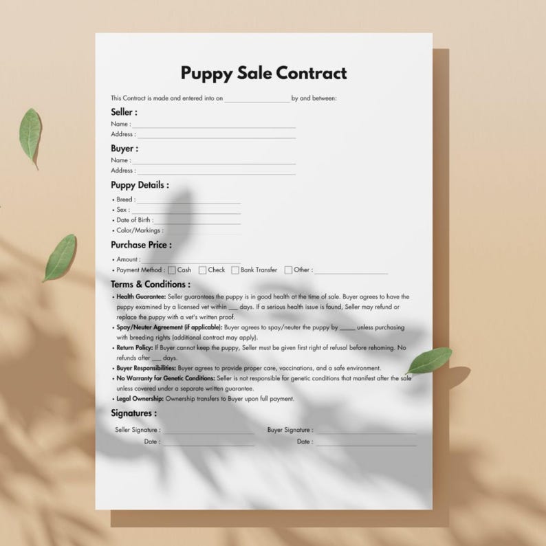 One Page Puppy Sales Contract, Editable Puppy Sale Agreement Template Canva, Printable Puppy ...