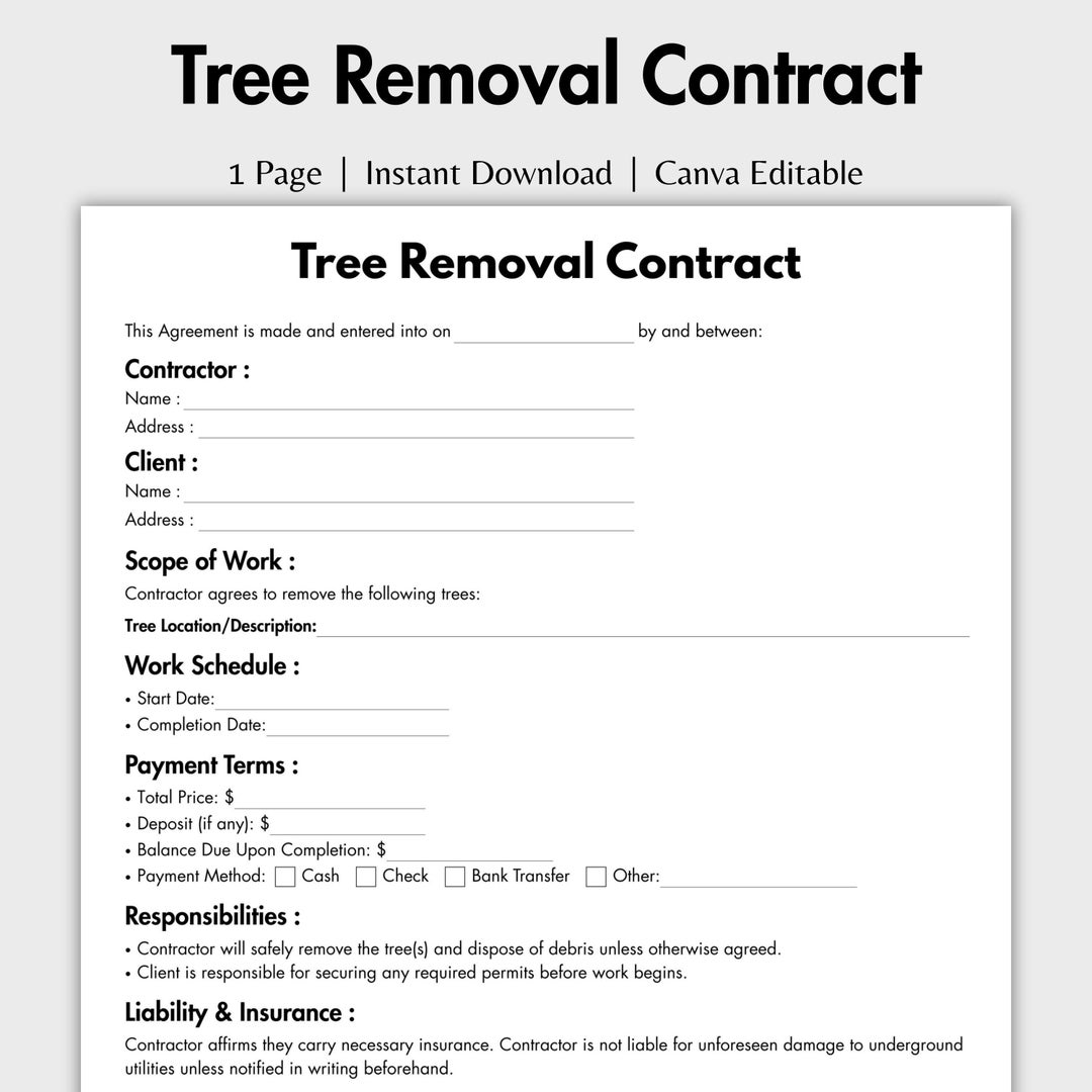 One Page Tree Removal Contract, Editable Tree Removal Service Form ...
