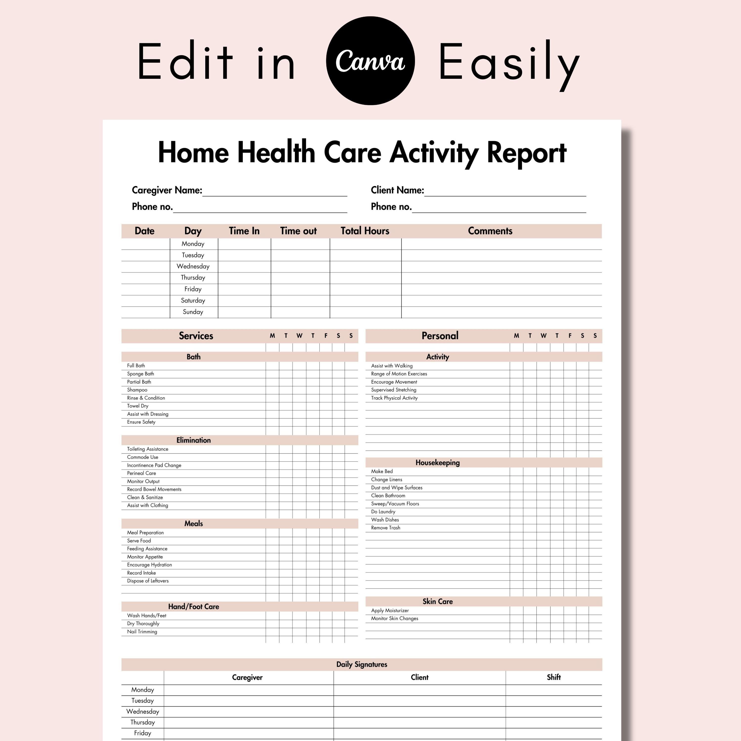 Home Health Caregiver Activity Report, Editable Elder Care Checklist ...