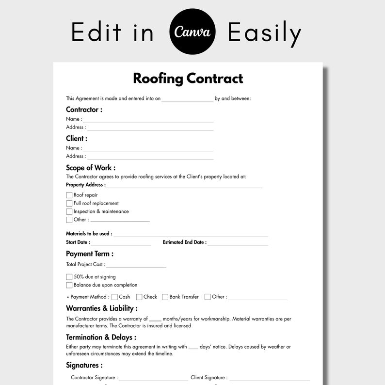 One Page Roofing Contract, Editable Residential Roofing Template Canva ...
