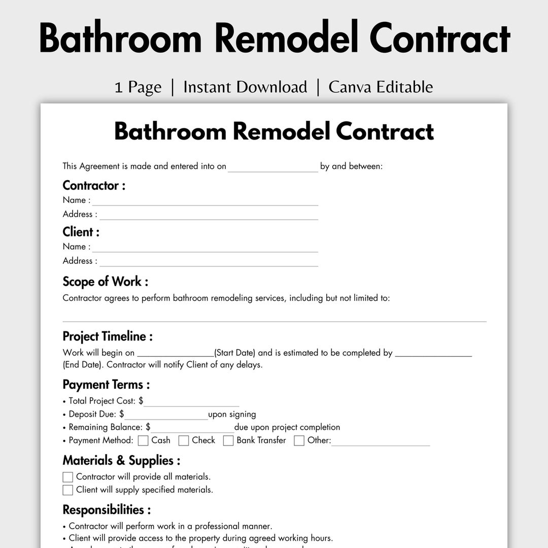 One Page Bathroom Remodel Contract, Editable Contract for Bathroom ...