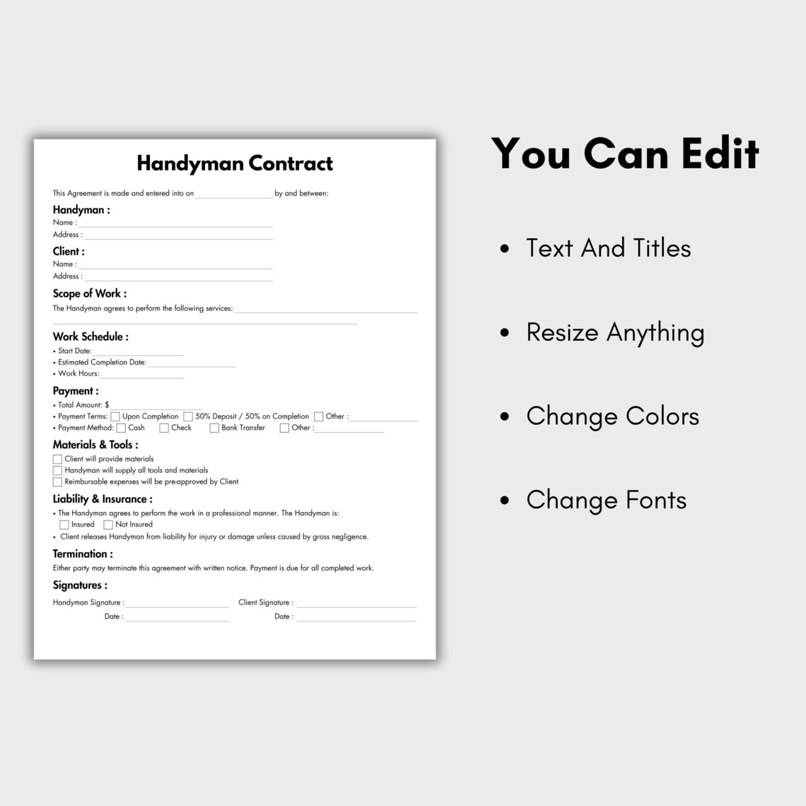 One Page Handyman Contract, Editable General Construction Contract ...