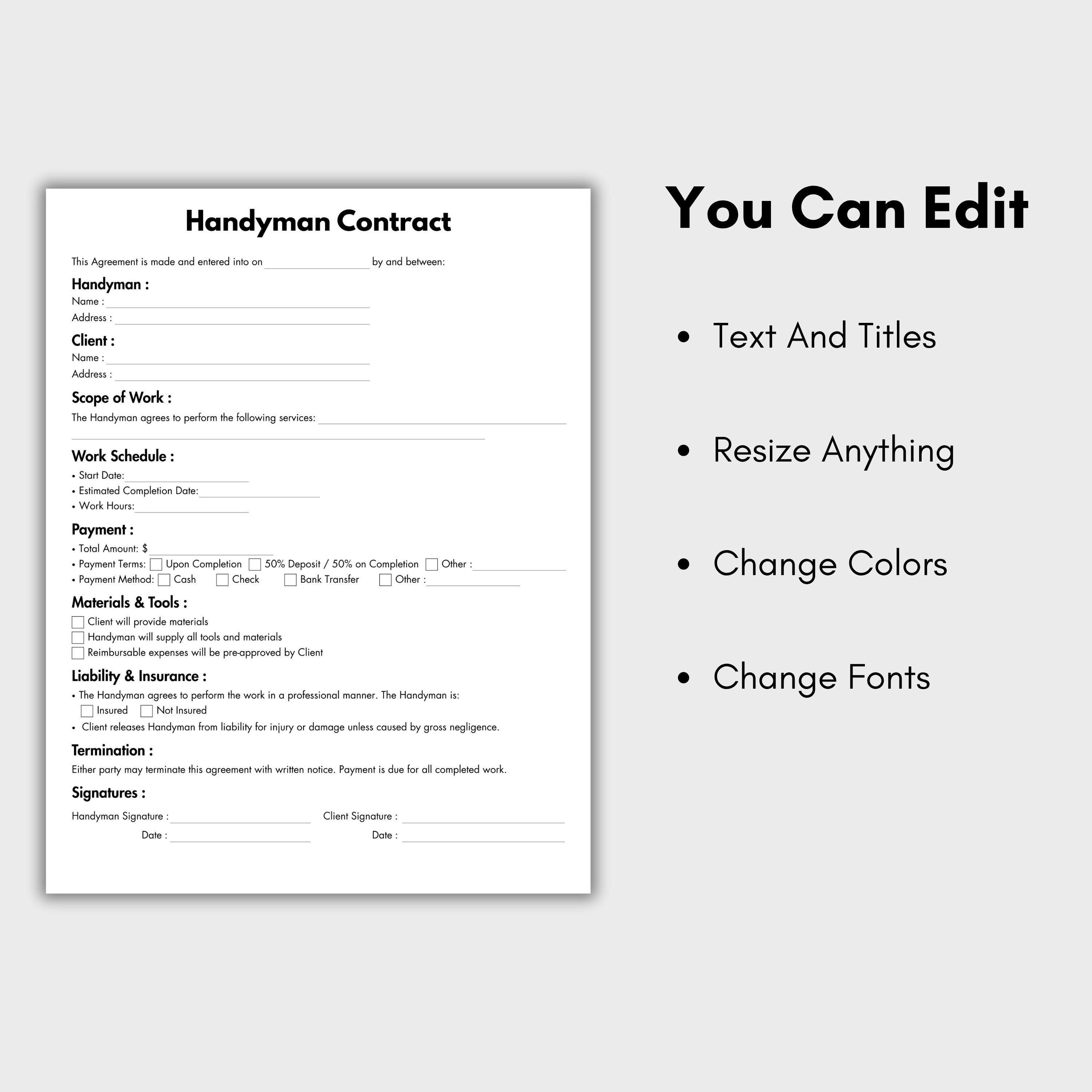 One Page Handyman Contract, Editable General Construction Contract ...