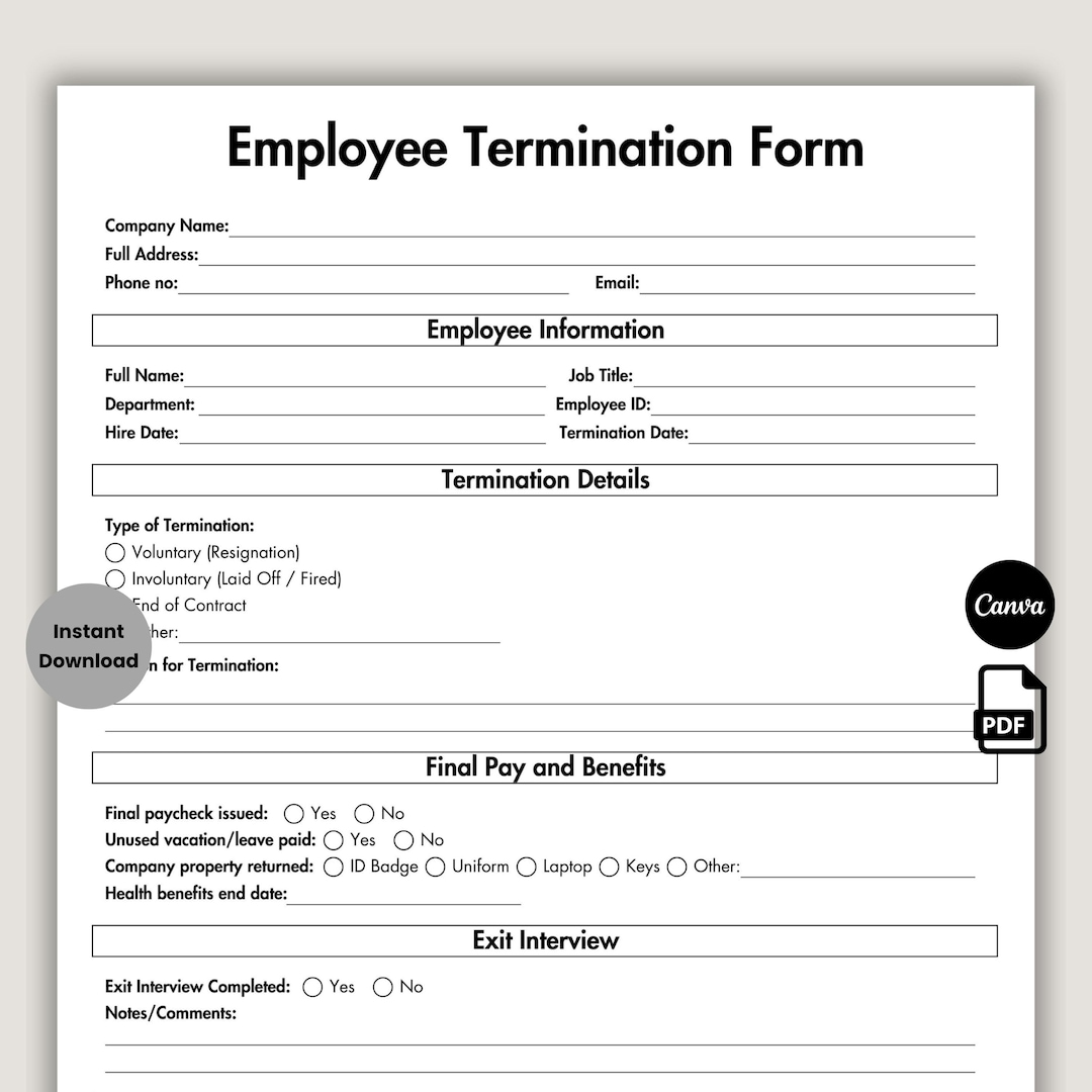 Editable Employee Termination Form Template, Employee Termination Sheet, Printable Employee ...