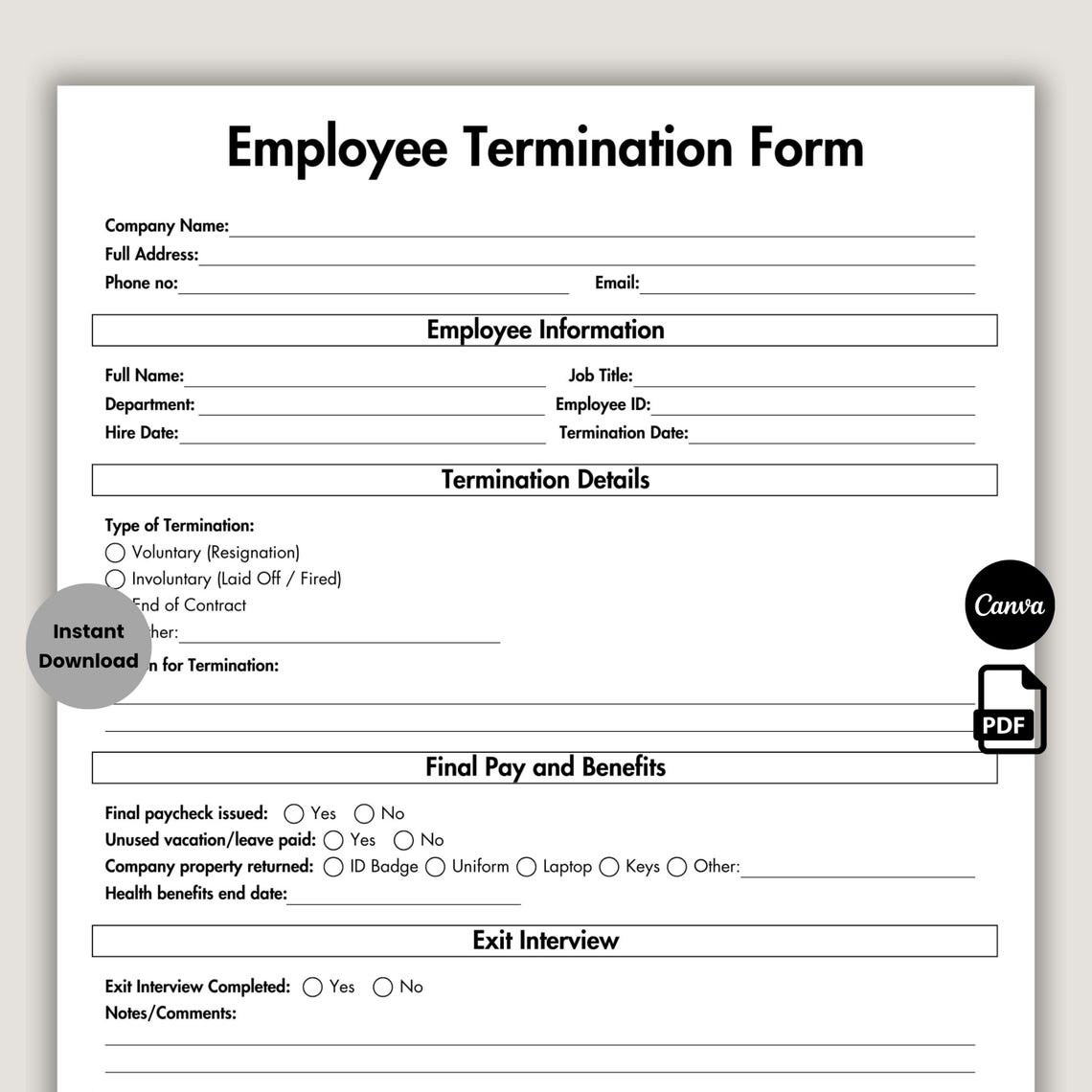 Editable Employee Termination Form Template, Employee Termination Sheet ...