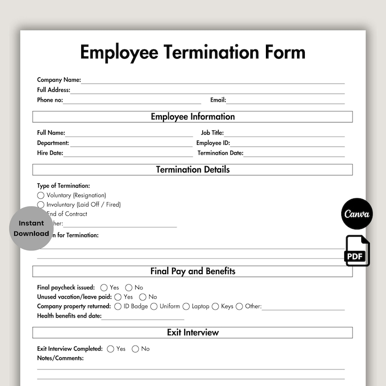 Editable Employee Termination Form Template, Employee Termination Sheet ...