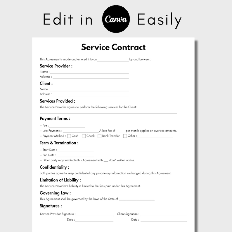 One Page Service Contract, Editable Services Contract Agreement ...