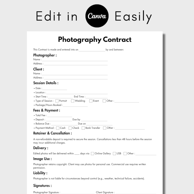 One Page Photography Contract, Editable Contract for Photographers ...