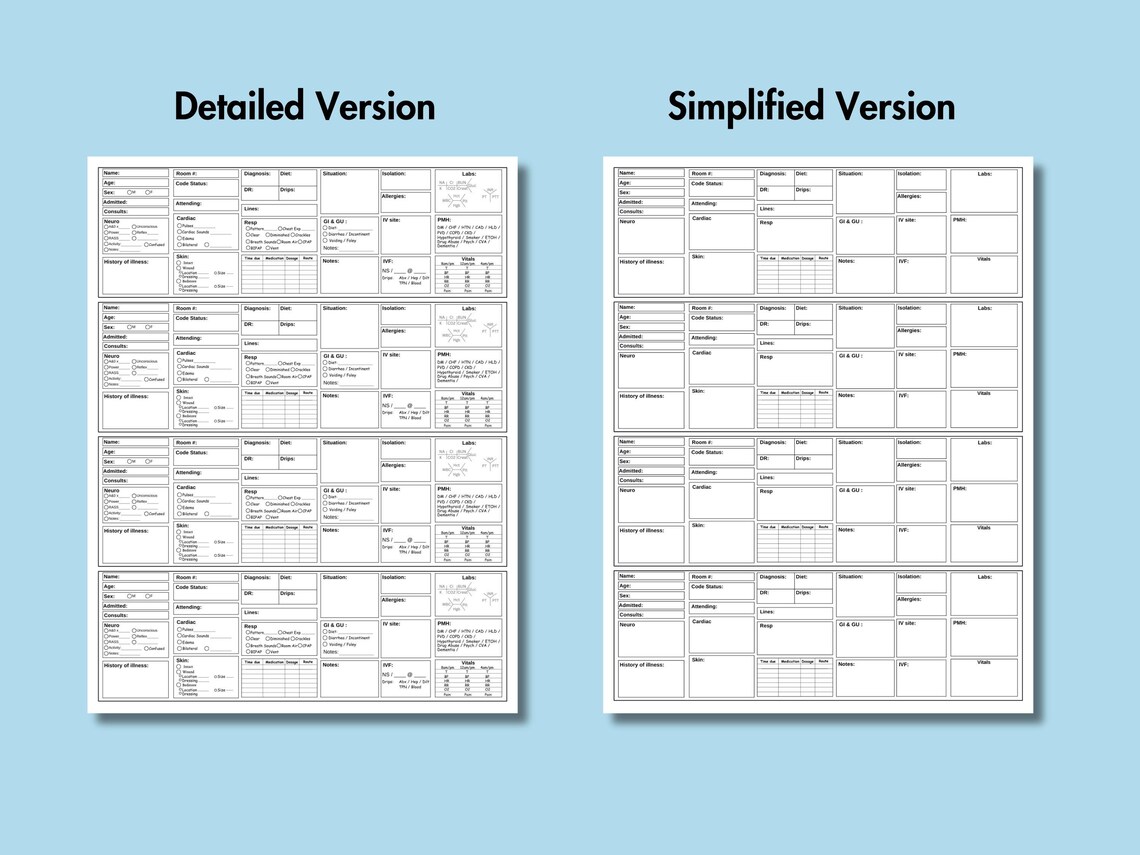 4 Patient Nurse Report Sheet, Nurse Brain Sheet, Printable Nursing Med ...