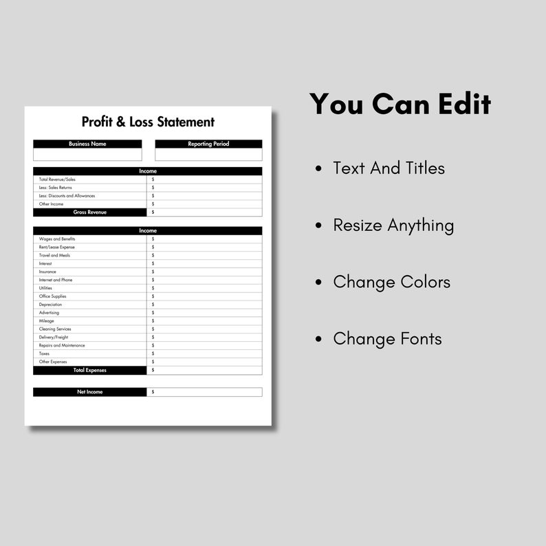 Editable Profit and Loss Statement, Small Business Income Statement ...
