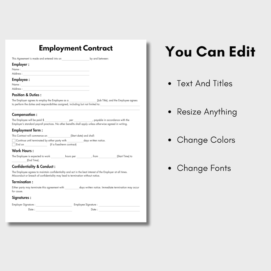 One Page Employment Contract, Editable Employment Service Contract ...