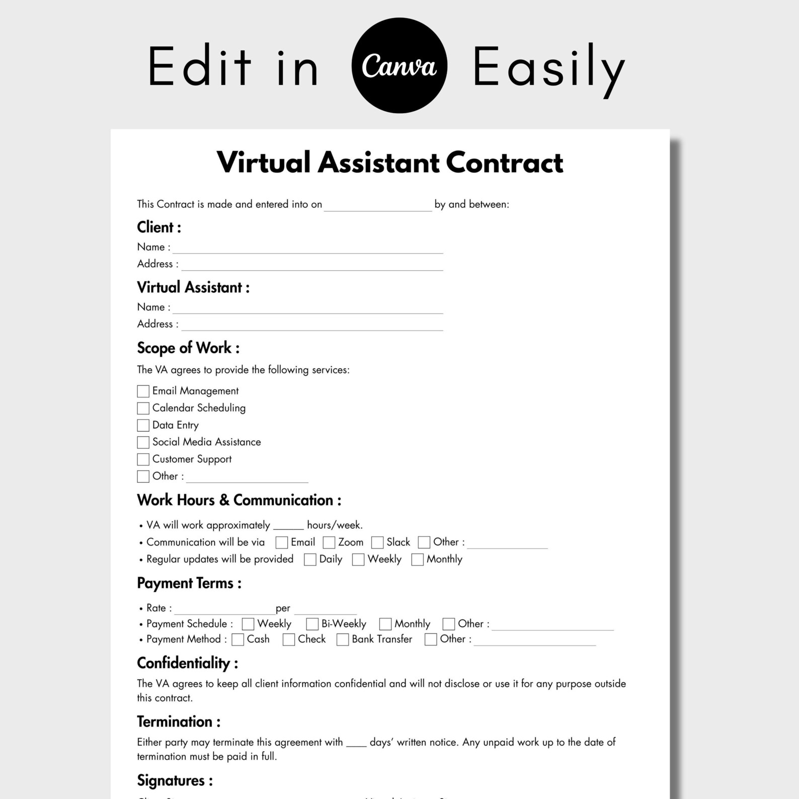 One Page Virtual Assistant Contract, Editable Freelance Assistant ...