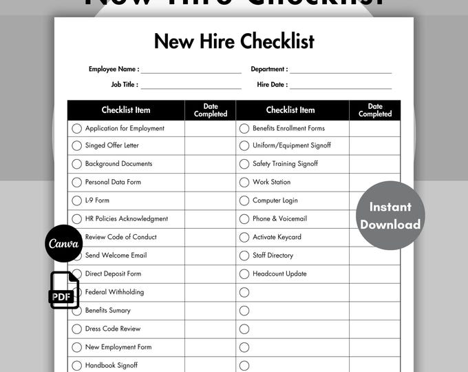 Editable New Hire Checklist Template, Printable New Employee Checklist ...