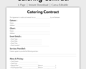 Editable Catering Contract Template, Single Page Catering Service Contract, Printable Catering ...