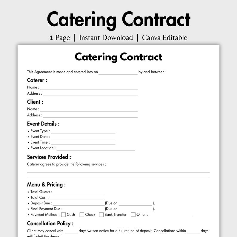 One Page Catering Contract Template, Editable Event Catering Service ...