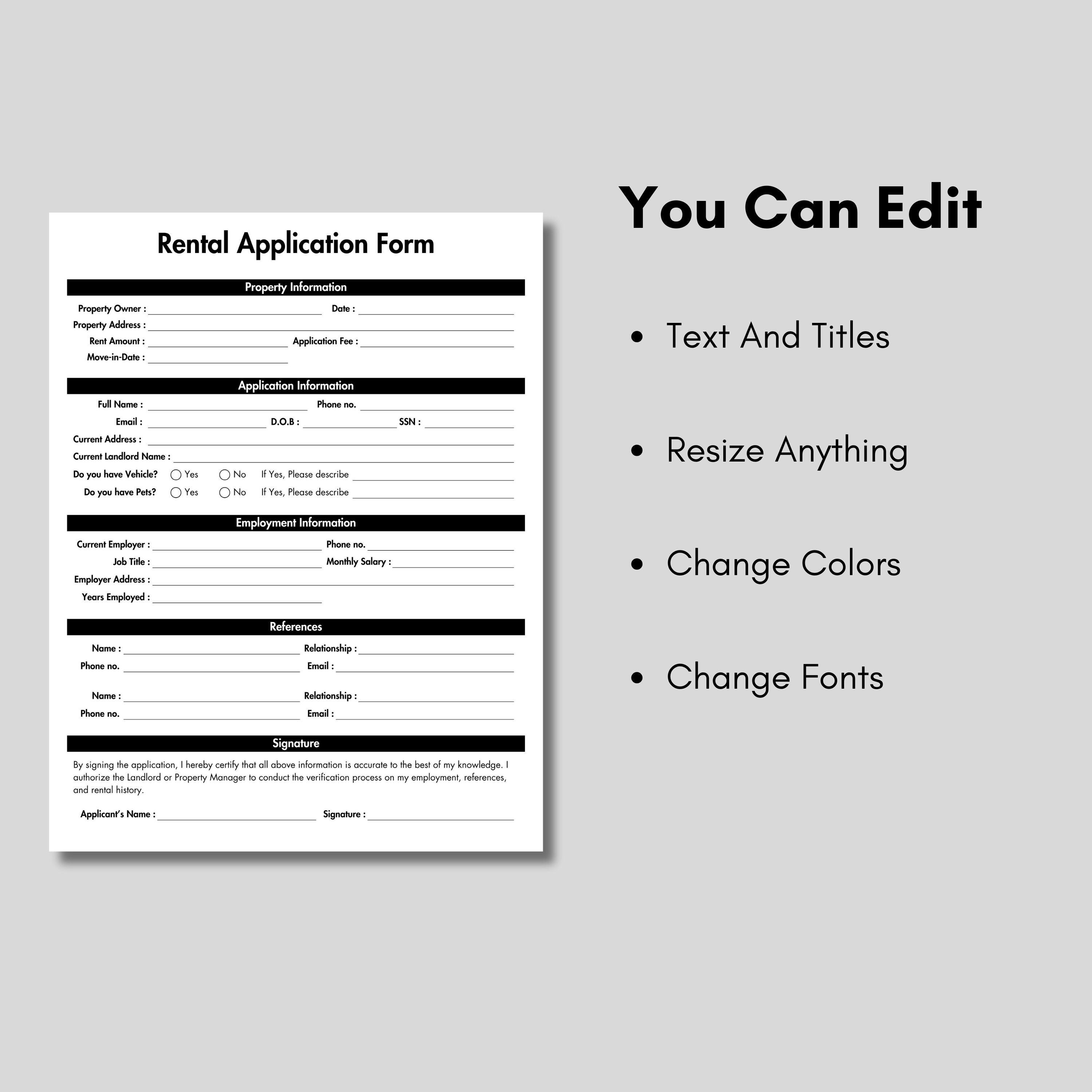 Editable Rental Application Form, Printable Landlord Rental Application ...