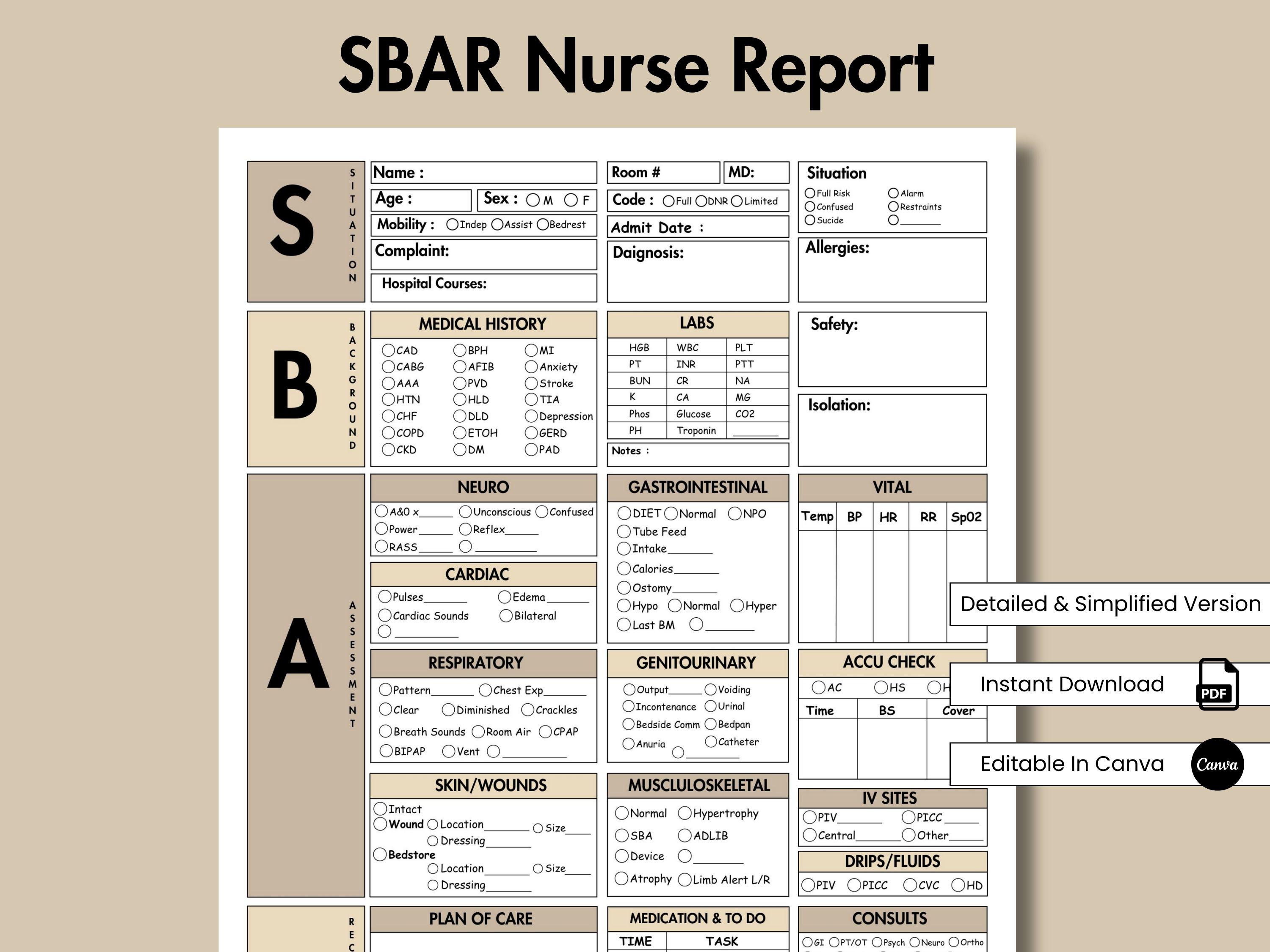 SBAR Nurse Report Sheet Digital, Editable Nursing Student Med Surg SBAR ...