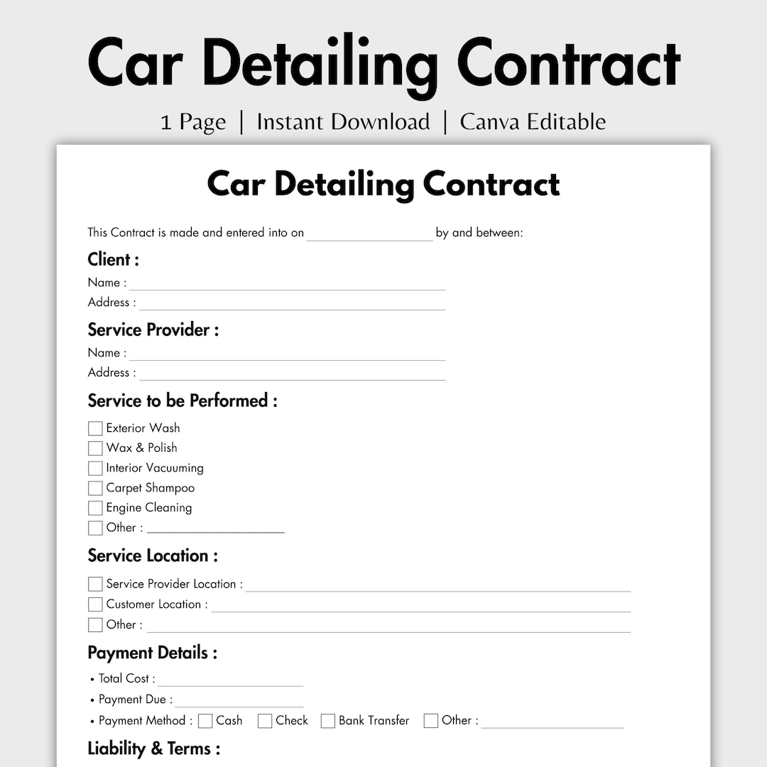 One Page Car Detailing Contract, Editable Auto Detailing Agreement Form ...