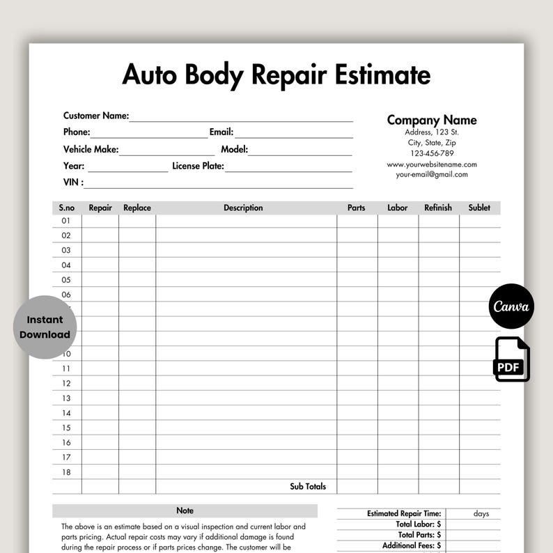 Auto Body Repair Estimate, Editable Auto Repair Estimate Template, Body ...