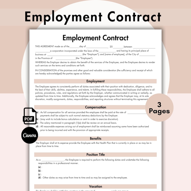 Employment Agreement Template, Editable Employment Service Contract ...