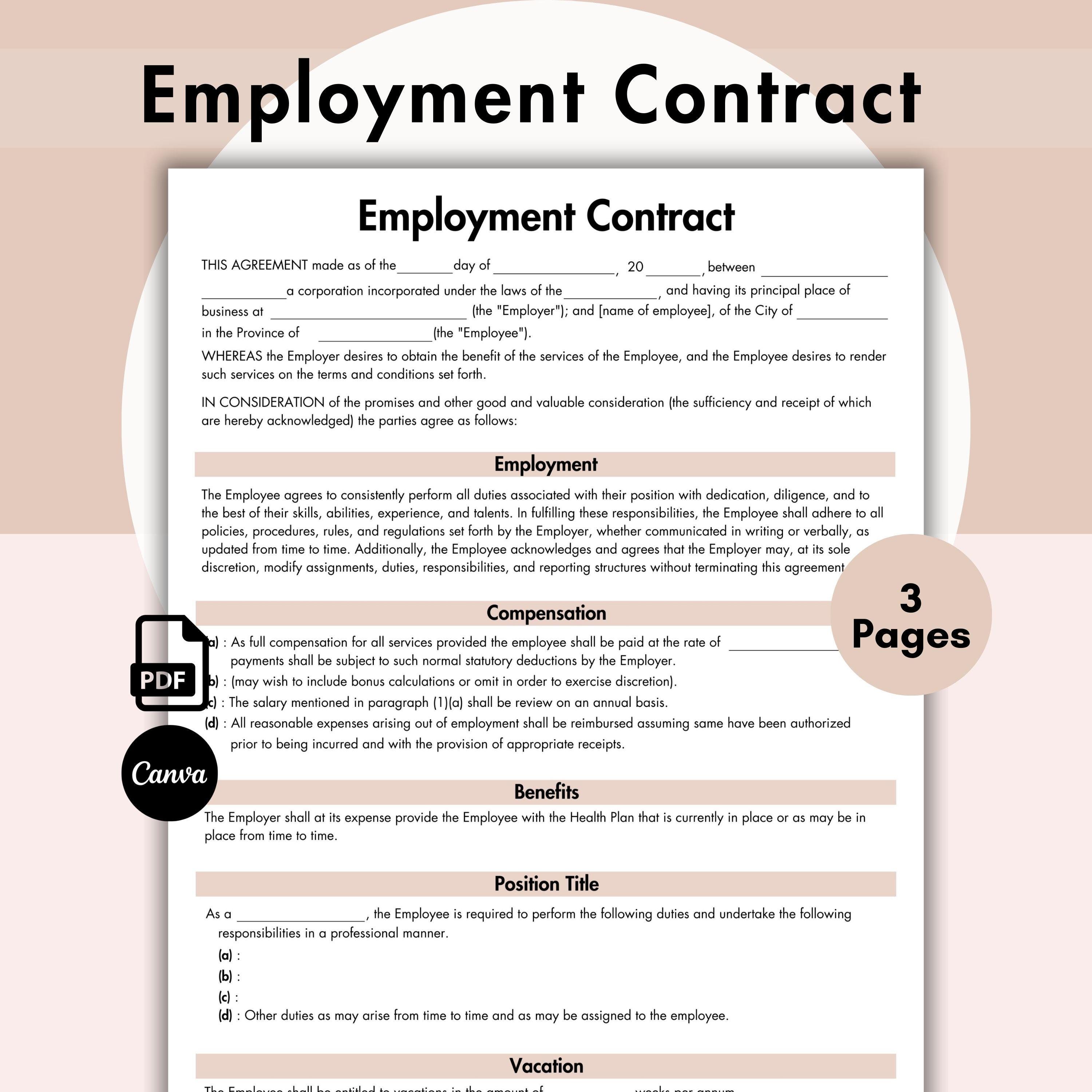 Employment Agreement Template, Editable Employment Service Contract ...