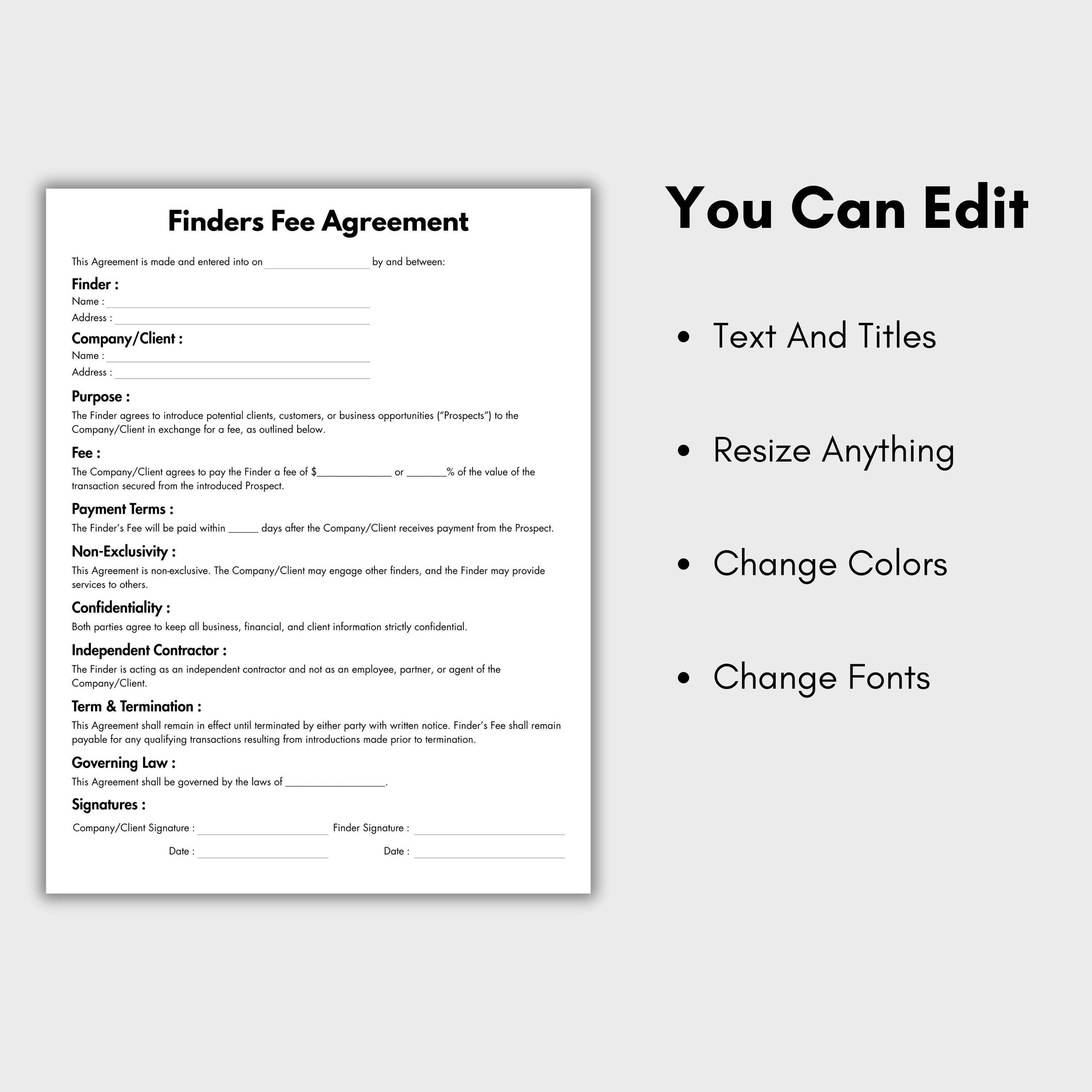 One Page Finders Fee Agreement, Editable Business Introduction Contract ...