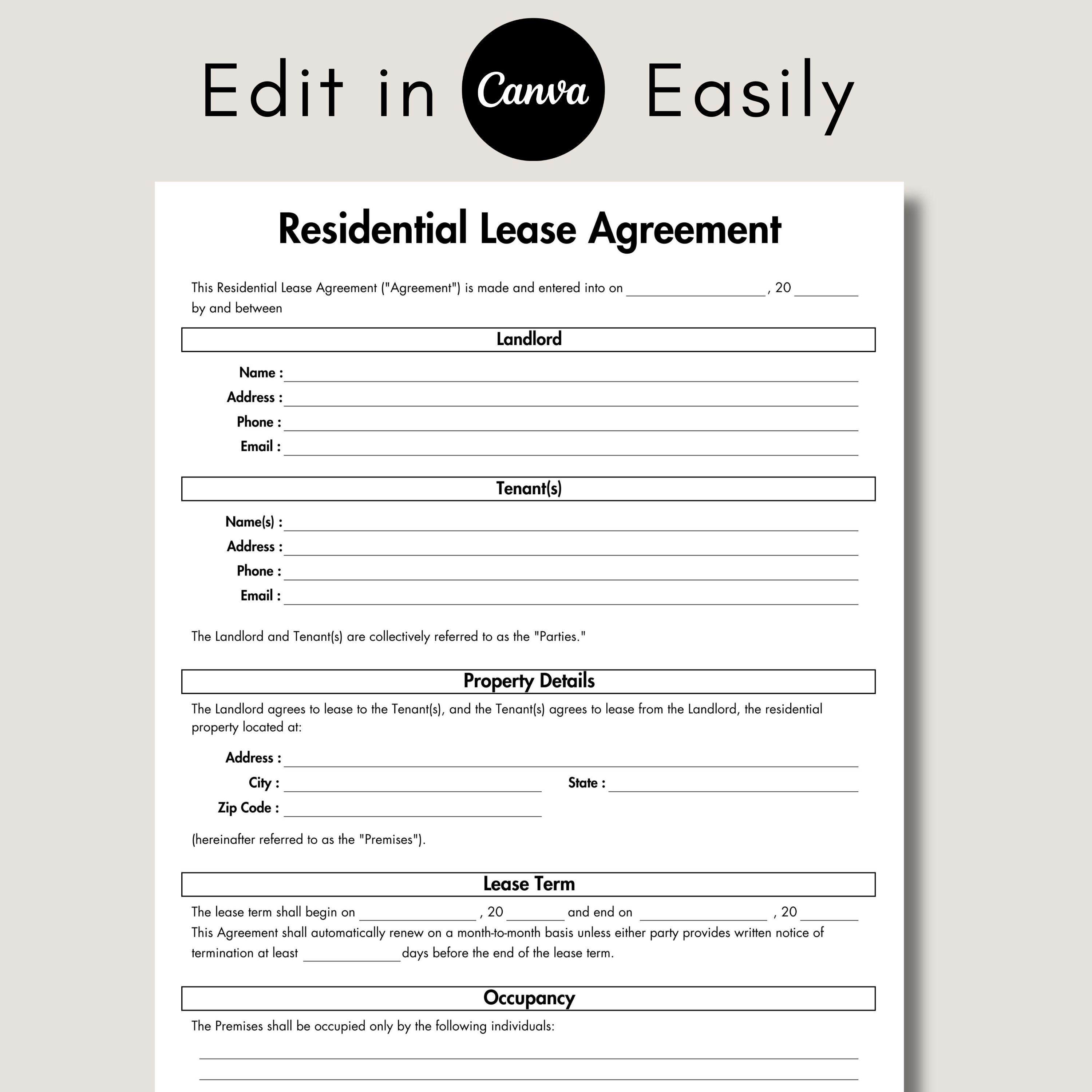 Residential Lease Agreement, Editable & Printable, Simple Rental Lease ...