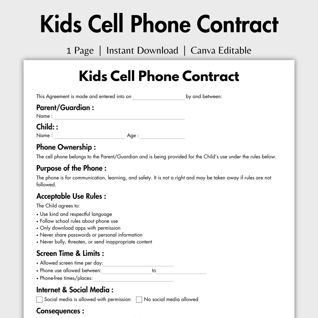 One Page Kids Cell Phone Contract, Editable Agreement With Rules Form ...